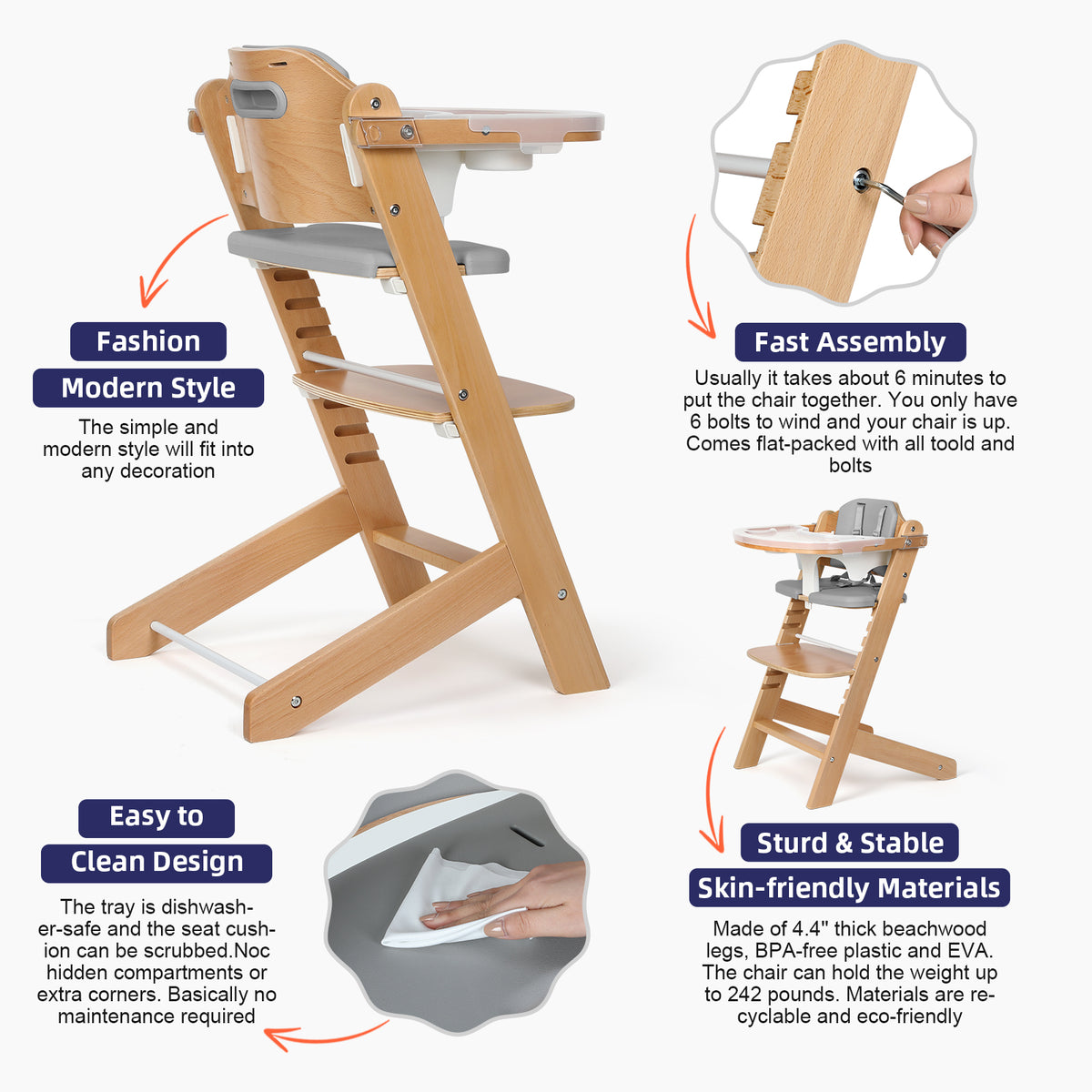 Cowiewie 3-in-1 Convertible Natural Wooden High Chair for Babies & Tod